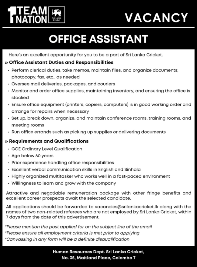 Vacancy for an Office Assistant at Sri Lanka Cricket. - Jobsmore.lk